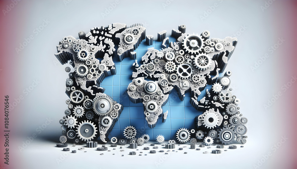 3D Abstract mechanical gears forming map of the world with copy space ...