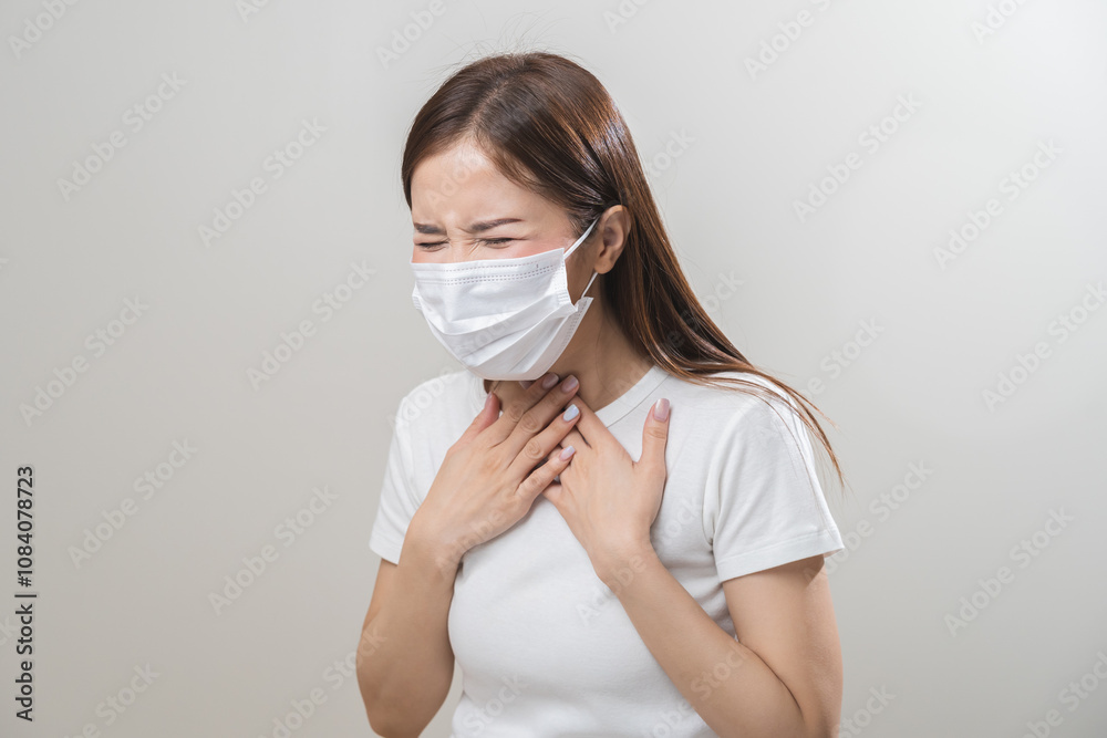 Unhealthy sickness, unwell asian young woman wearing mask coughing ...