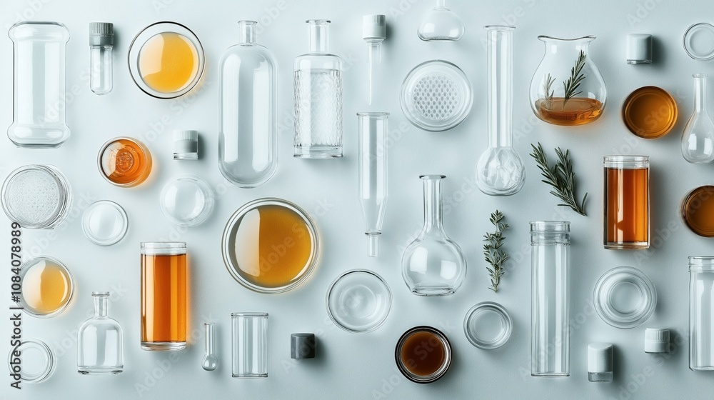 Assorted glass laboratory containers with amber liquid and green herbs ...