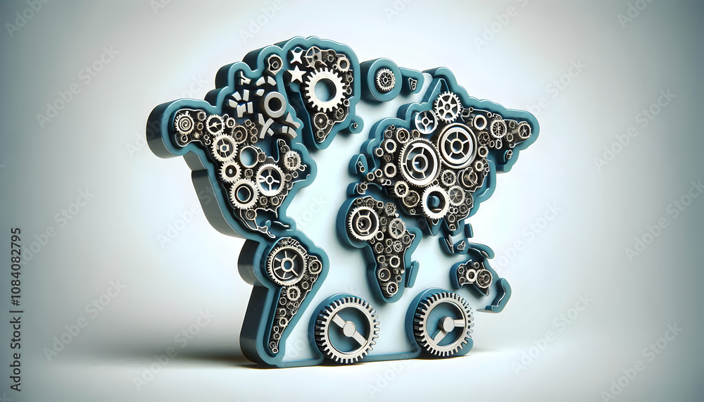 3D Abstract mechanical gears forming map of the world with copy space ...