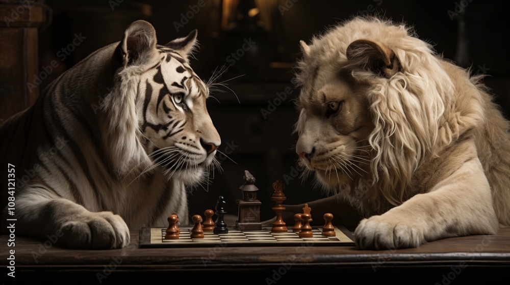 Regal Rivalry: A Lion and Tiger Face Off in a Game of Chess, A Metaphor ...