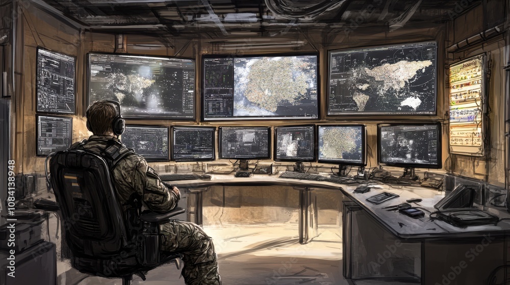 Military Operator in a High-Tech Control Room Analyzing Data on Multiple Screens with Global ...