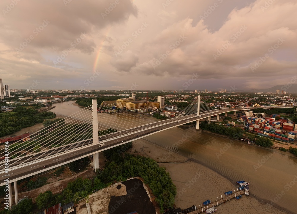 Modern bridge in Butterworth, Penang. Drone photo of the Prai River ...