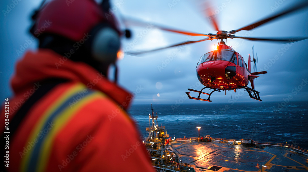 Offshore technician observes helicopter landing on platform during ...