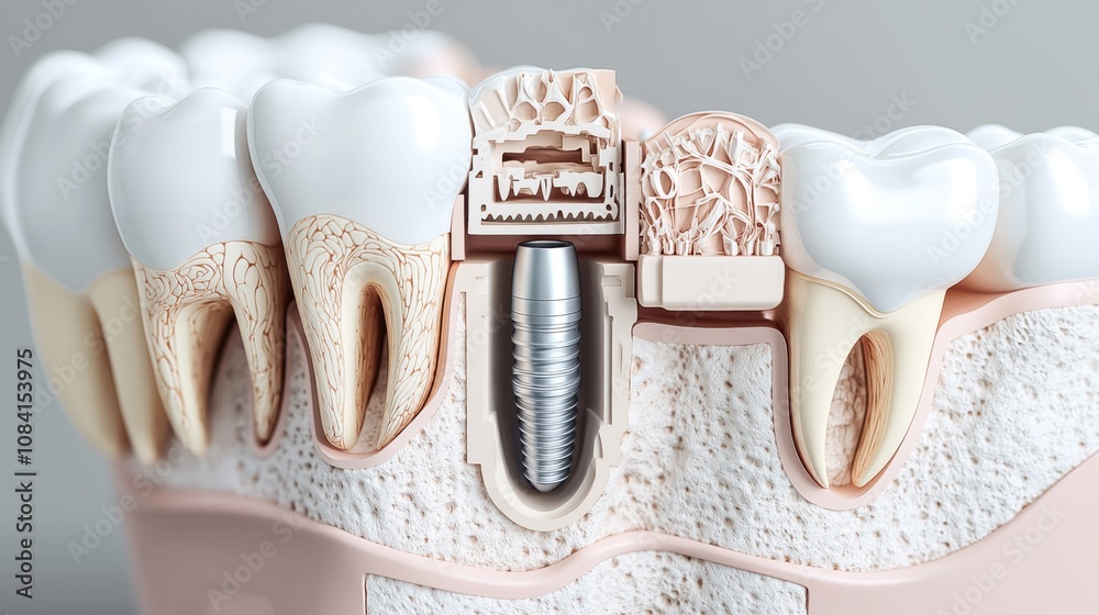 Cross-section illustration showing dental implant integration with ...