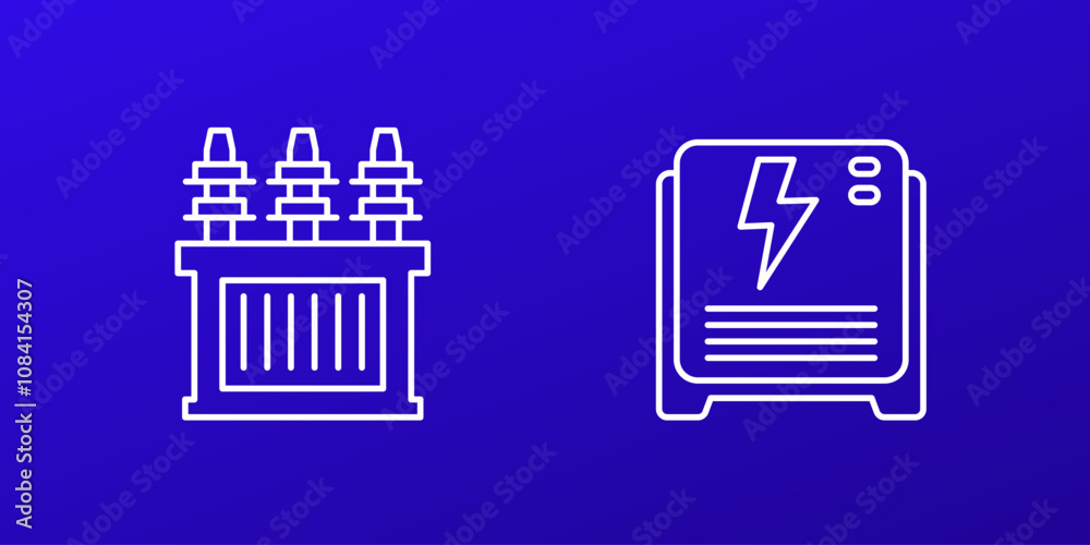 substation, electric transformer and backup power generator line icons ...