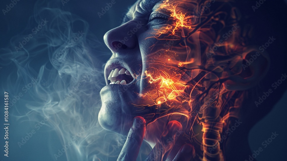 Dramatic and surreal digital art portrait of an intense fiery faced man ...