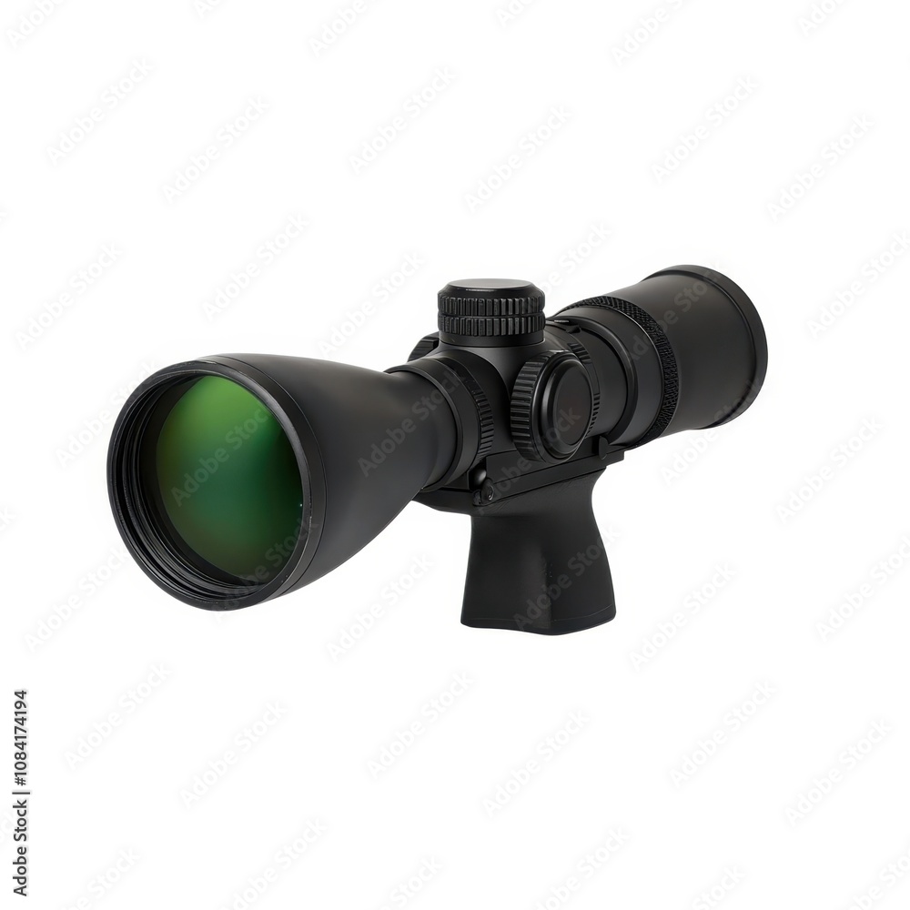 A modern rifle scope featuring a sleek design with a green lens and ...