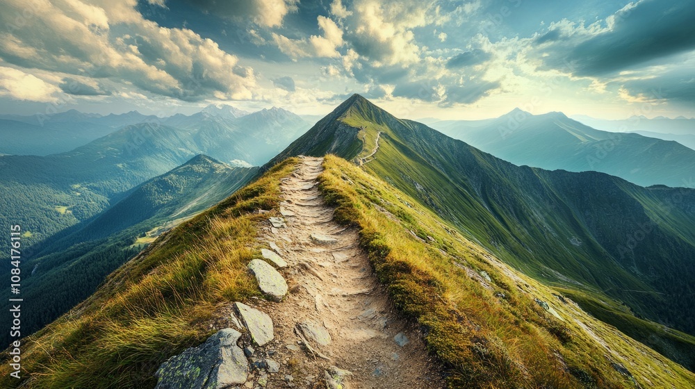 rugged mountain trail leading up to a high peak, with sweeping views of ...