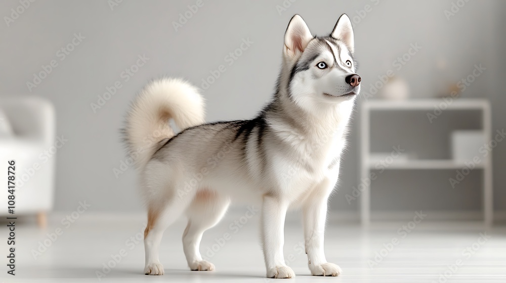 Playful and Alert Siberian Husky Standing in a Modern Living Room with ...