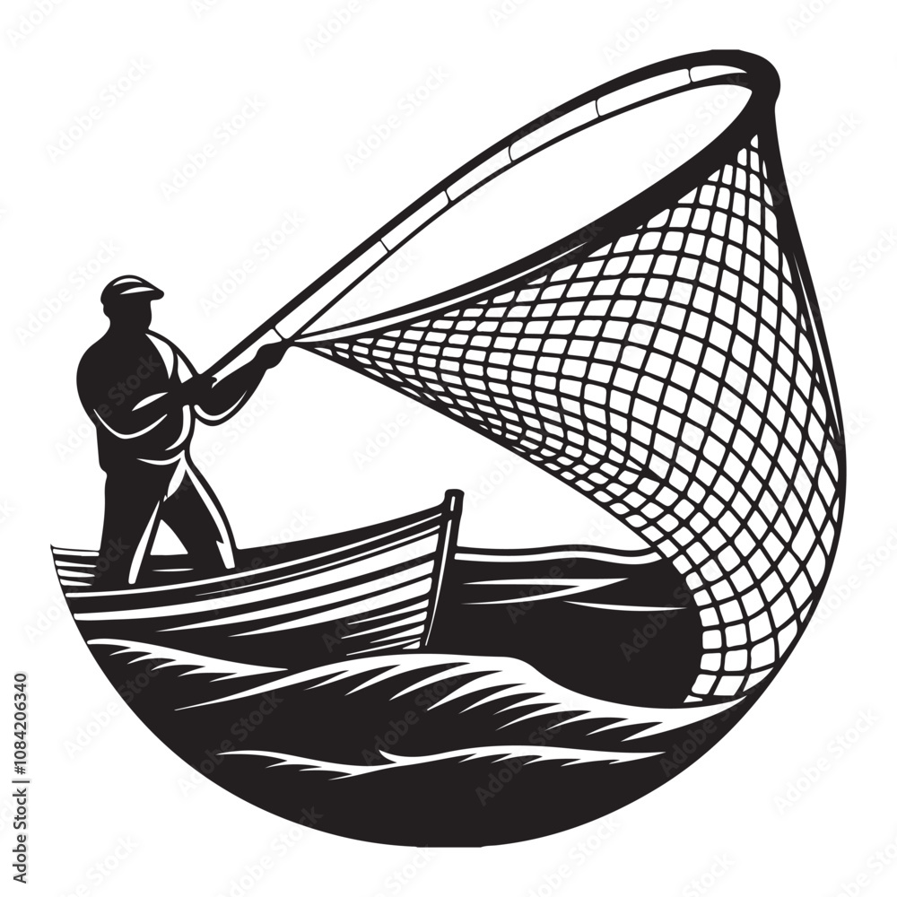 Fisherman casting a net silhouette vector art black color design and ...