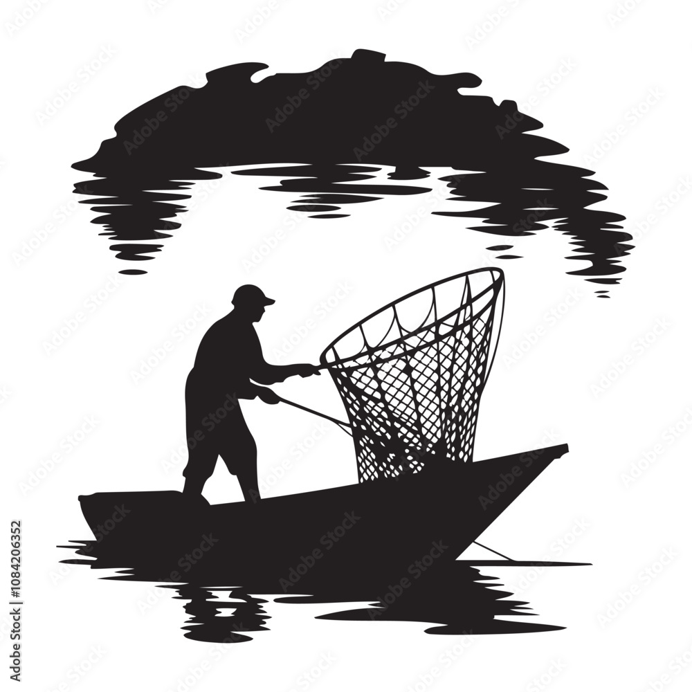 Fisherman casting a net silhouette vector art black color design and ...