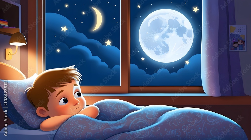 Cute Cartoon Boy Looking at Moon from Bed , Nighttime Illustration for ...
