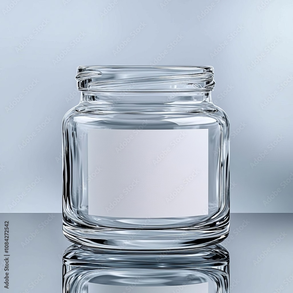 Glass jar mockup with blank label, sitting atop a reflective surface ...