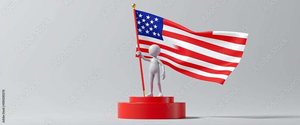 3D stick figure character waving victory flag with patriotic pride for ...