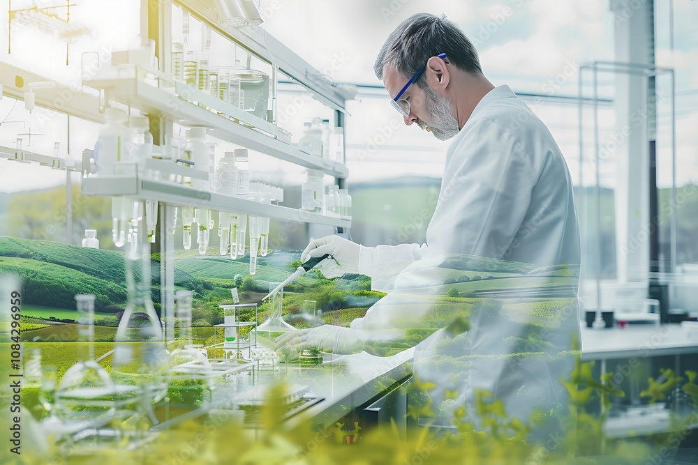 Scientist Conducting Research with Glassware in Laboratory, Overlapping ...