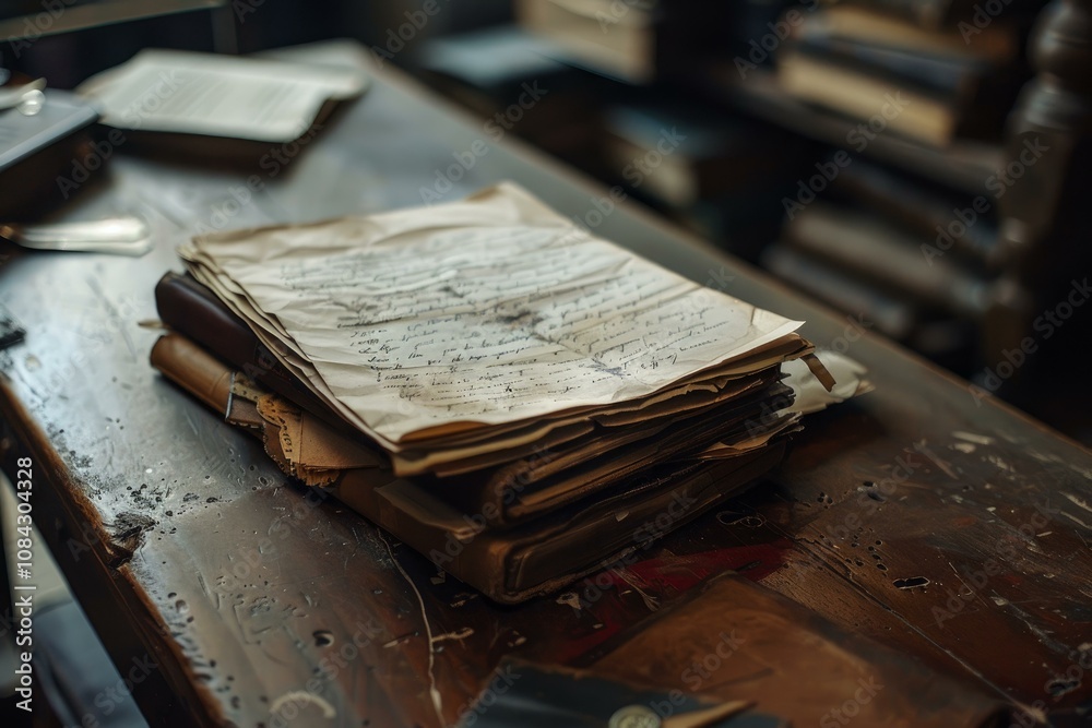 Stack of old handwritten letters with quill and ink resting on antique ...