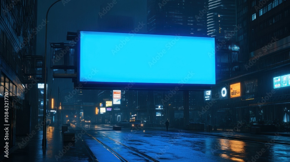 Big blue screen billboard on cyberpunk neon night city street mockup ...