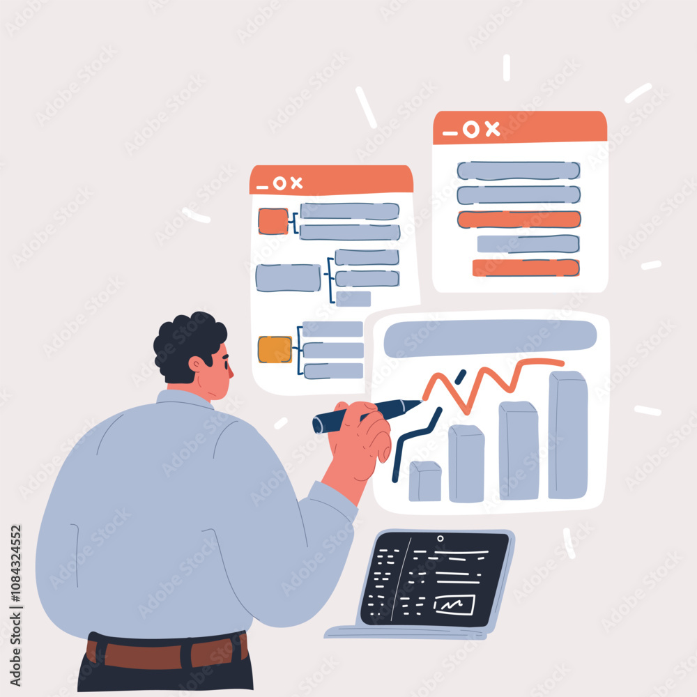 Cartoon vector illustration of a man editing spreadsheets from the back ...