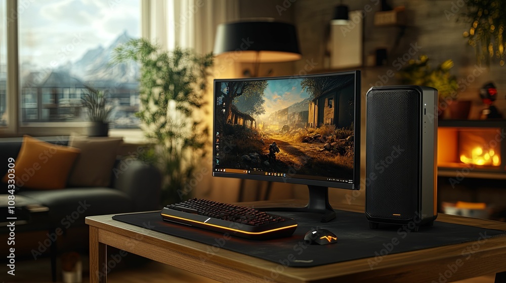 Gaming Setup with Curved Monitor, Keyboard, Mouse, and Speaker Stock ...