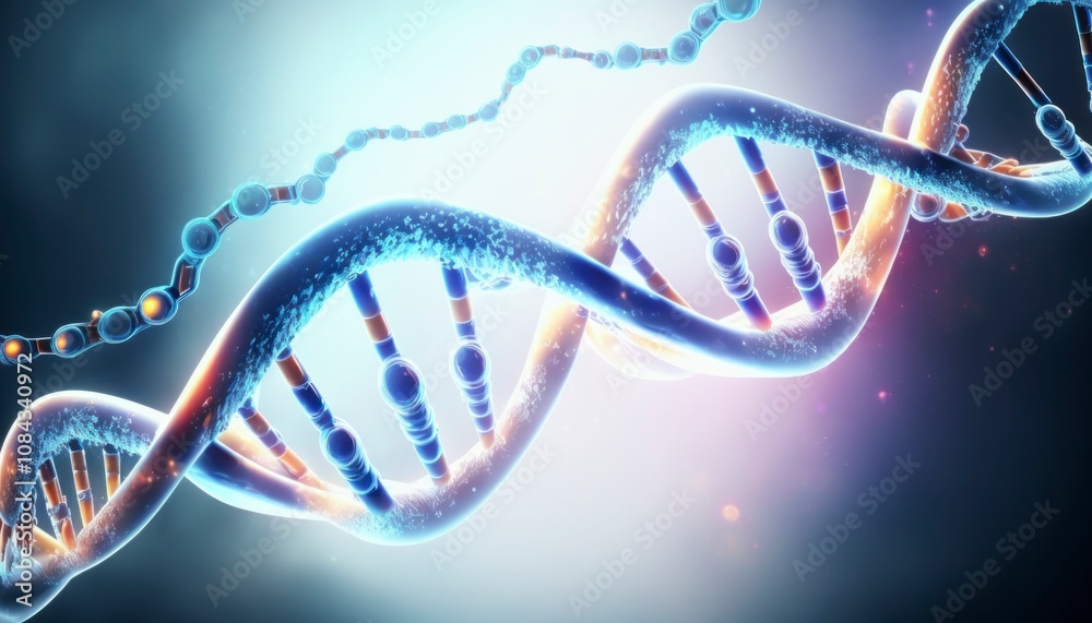 3D visualization of a DNA double helix structure with glowing molecular details, symbolizing ...