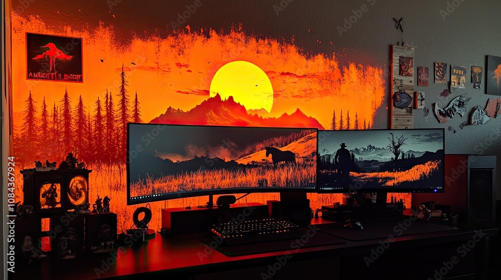 Sunset-themed gaming setup with dual monitors displaying matching ...