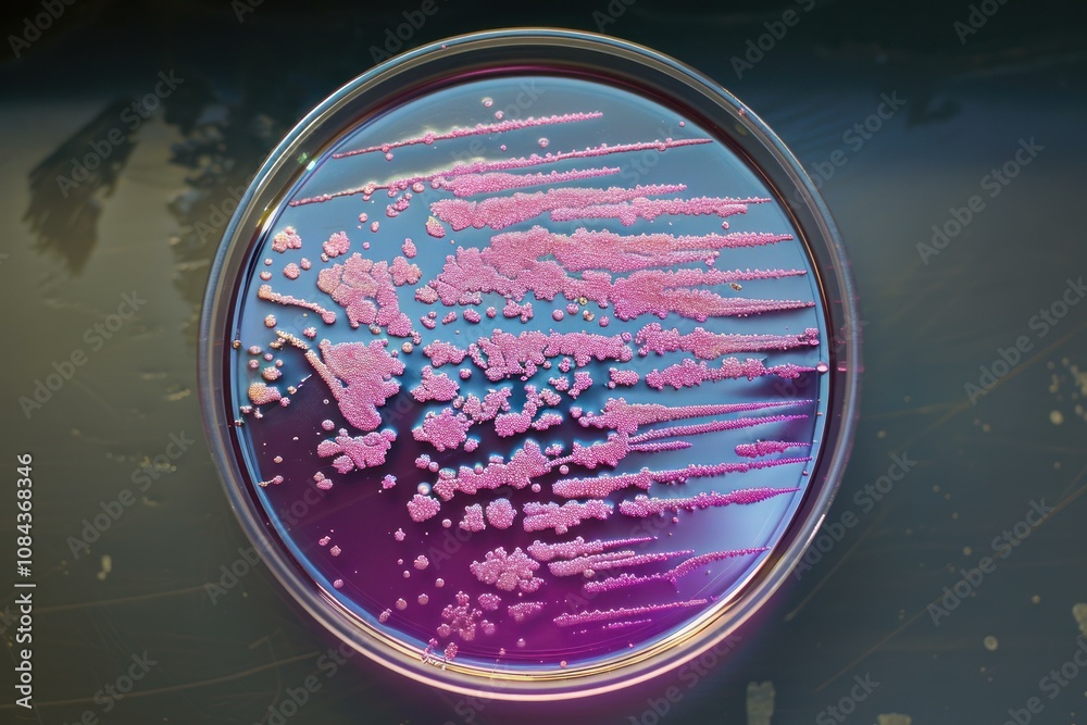 Pink bacteria growing in streaks and colonies on an agar plate, being ...