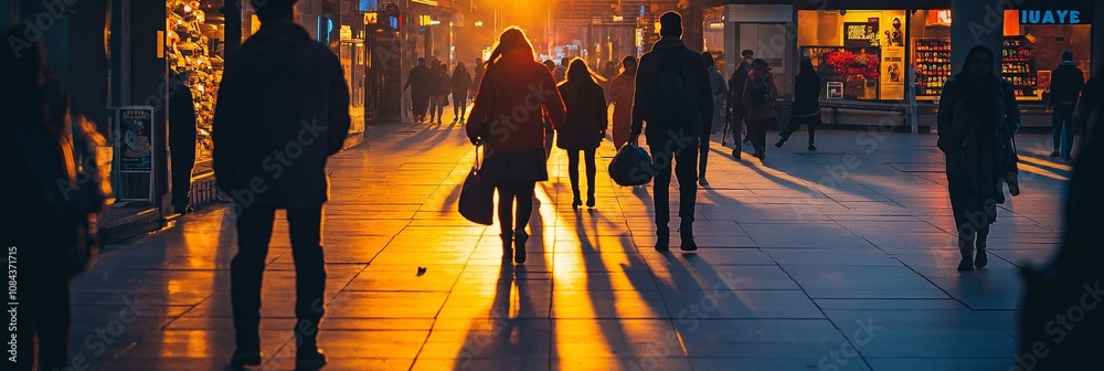 A bustling city scene with people walking at sunset, drenched in golden ...