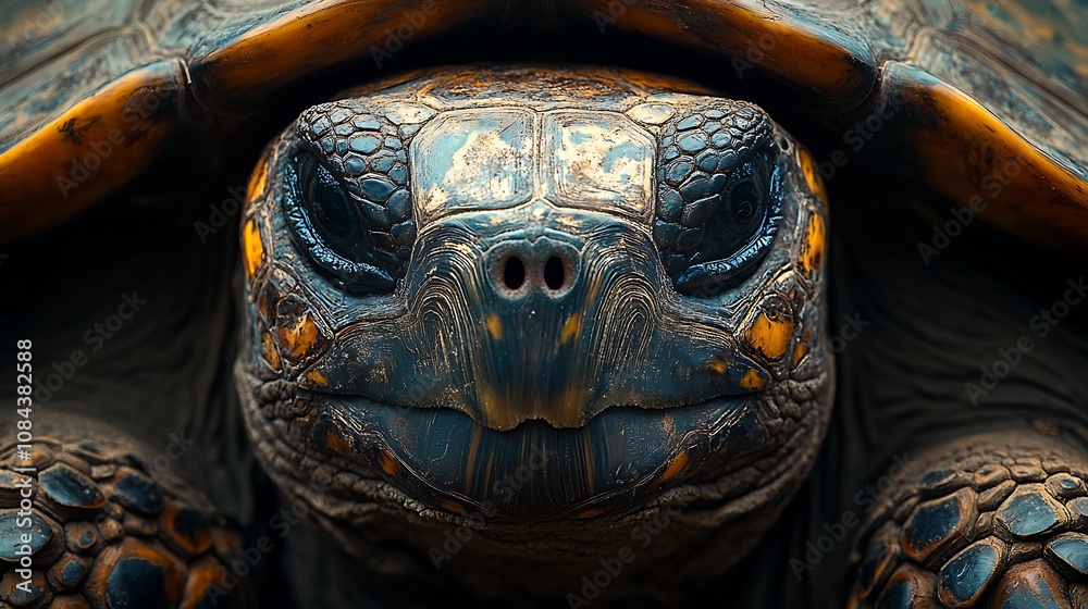 Close-up portrait of a turtle's face, showing its black eyes, textured ...