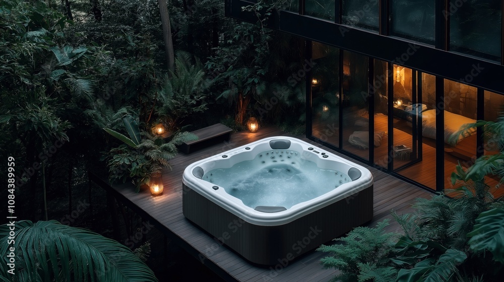 Outdoor jacuzzi on a wooden deck surrounded by tropical plants beside a ...
