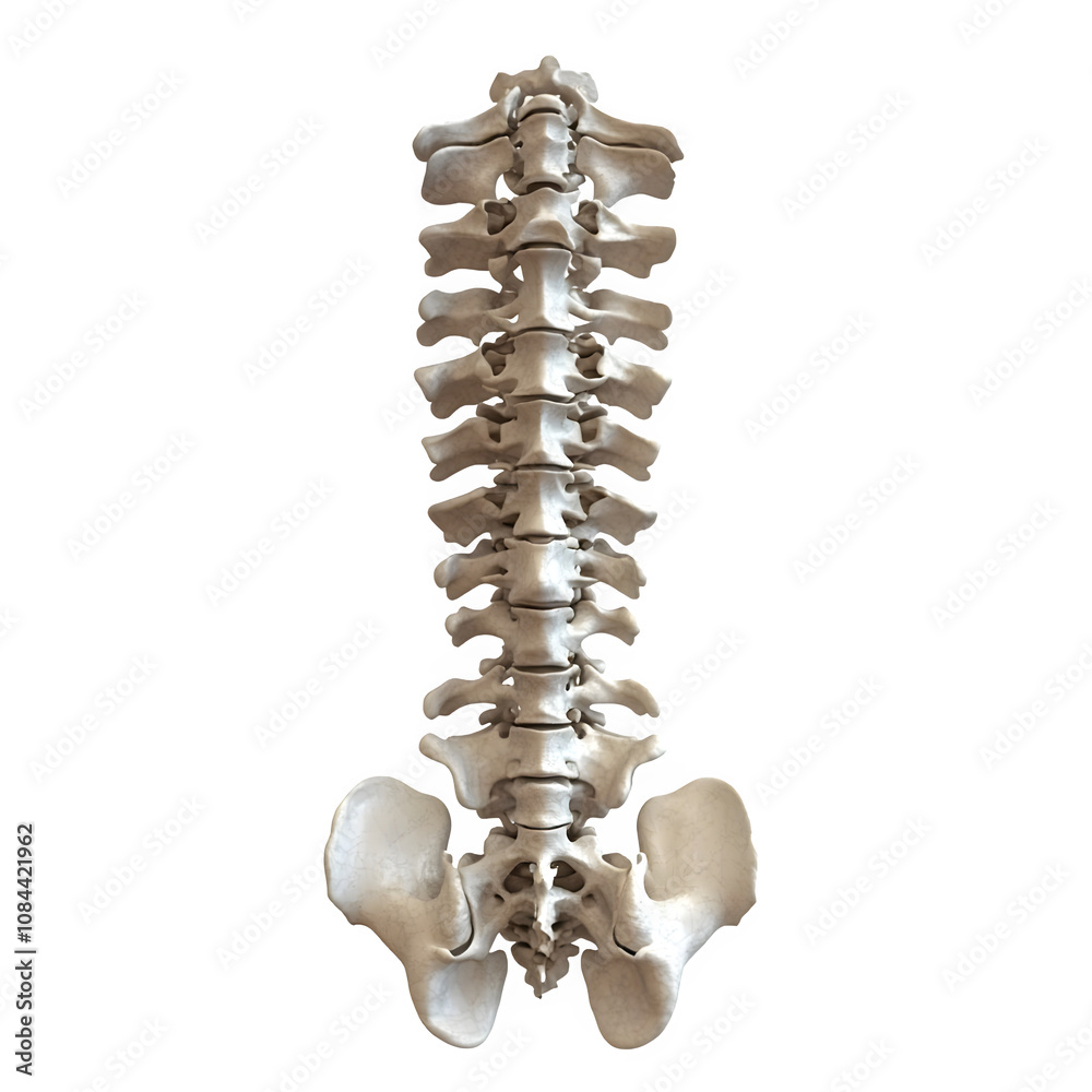 Posterior view of human spine and pelvis bones showing vertebrae ...