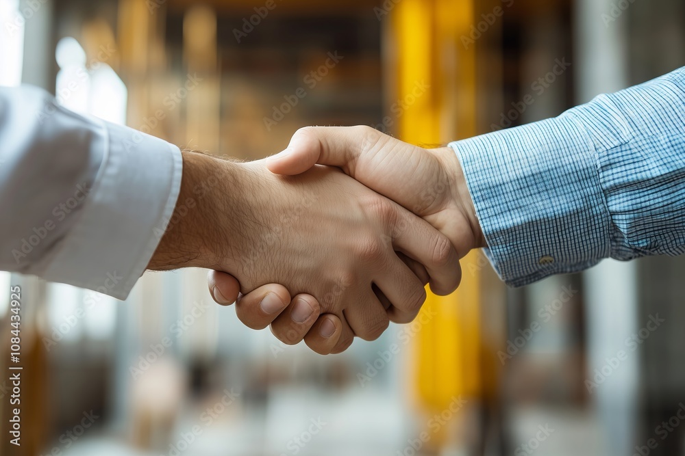 Two people shaking hands in a room. Scene is professional and friendly ...