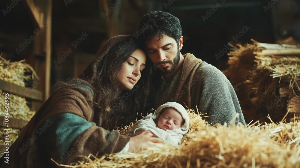 Mary and Joseph lovingly watch over the newborn baby Jesus in a humble ...