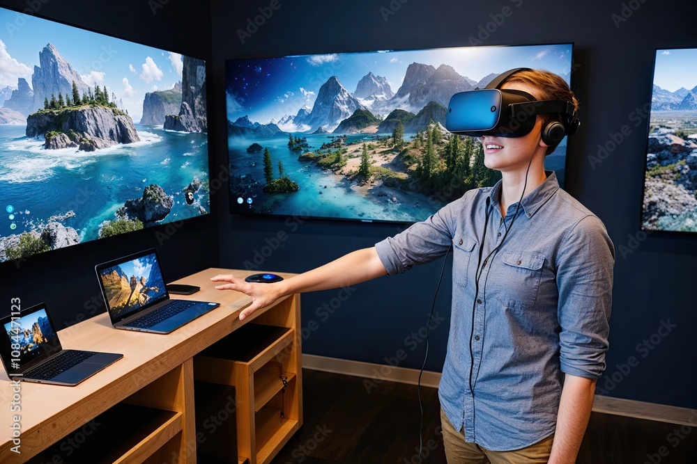 Explorer Immersed in Hybrid Reality with VR Headset for Unique ...