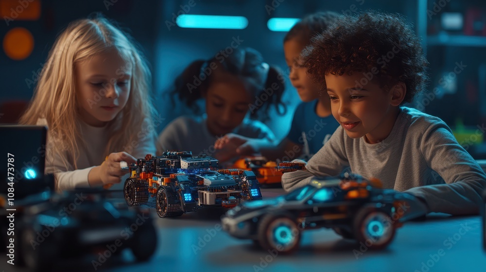 Diverse school children students build robotic cars using computers and ...