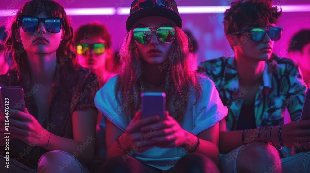 Group of fashion friends watching on their smart mobile phones ...