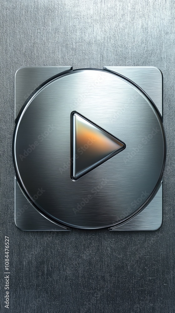Brushed metal play button on metallic background showing playback ...