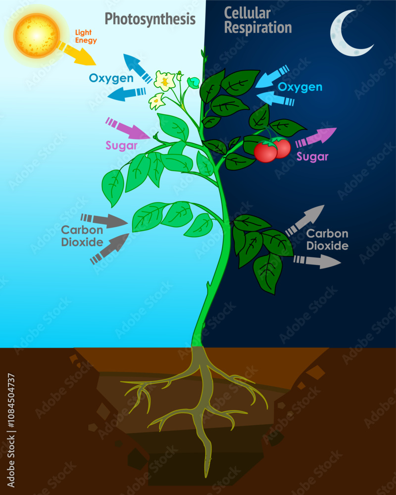 Plant photosynthesis, cellular respiration. Sunlight change chemical ...
