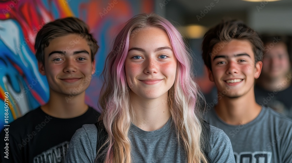 Three teenagers stand together, smiling happily in a school setting ...