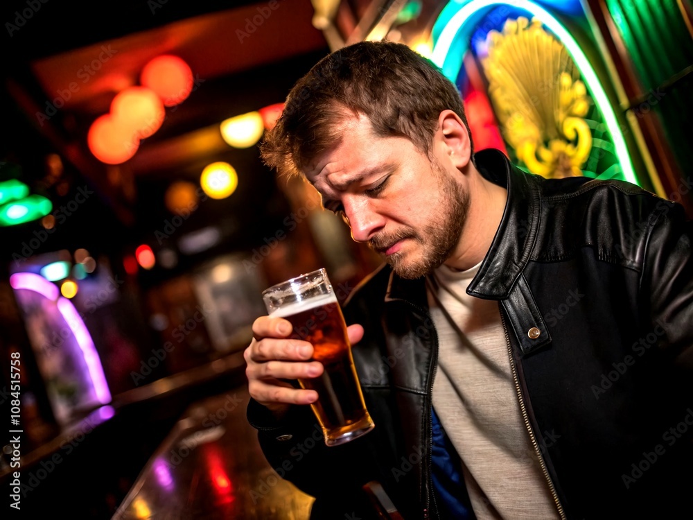 Surreal Scene of a Completely Drunk Man Exiting a Pub, Blurred Vision ...