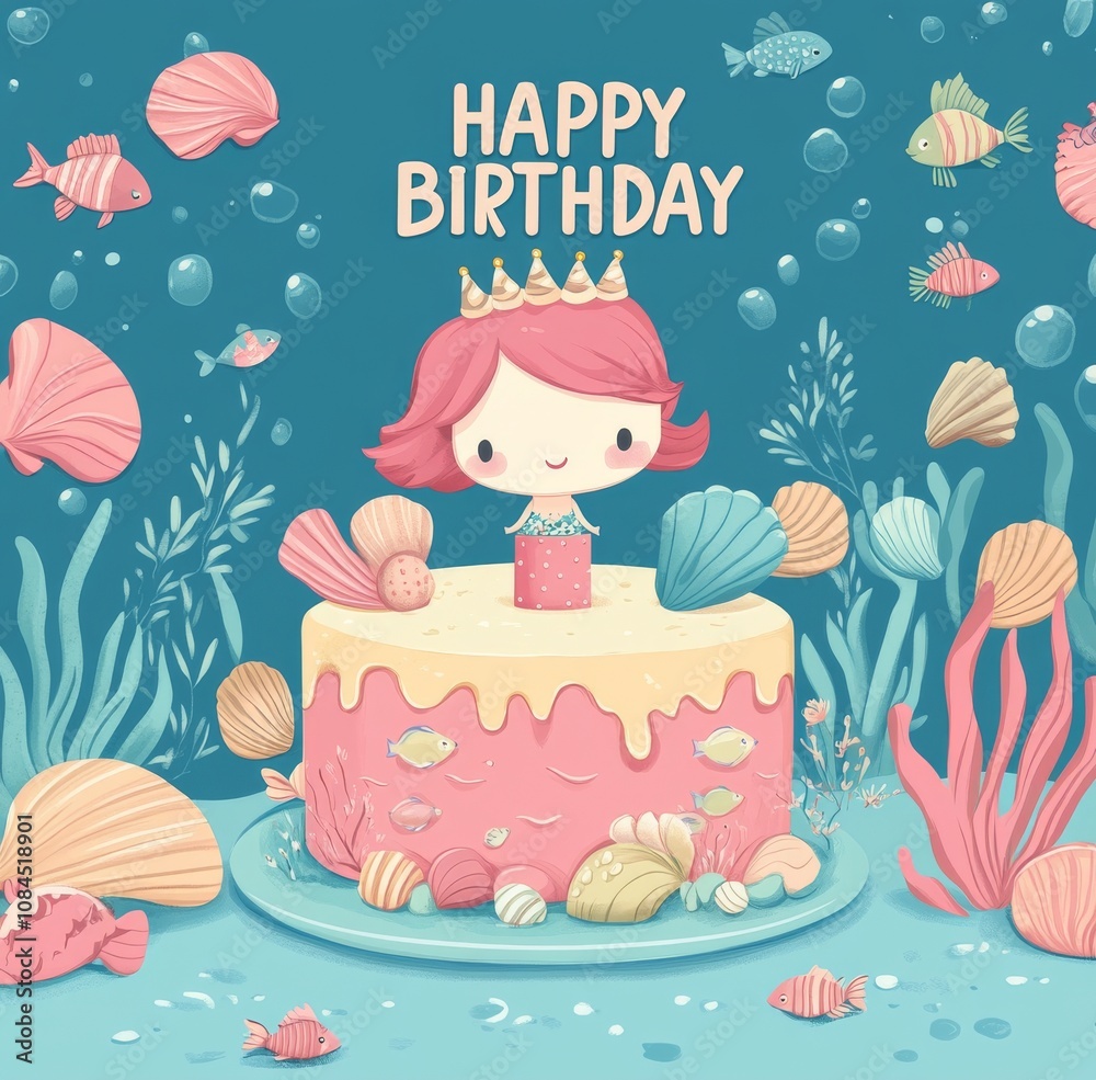 Cute Pastel Pink Mermaid Birthday Card with Cake, Sea Creatures, Shells ...