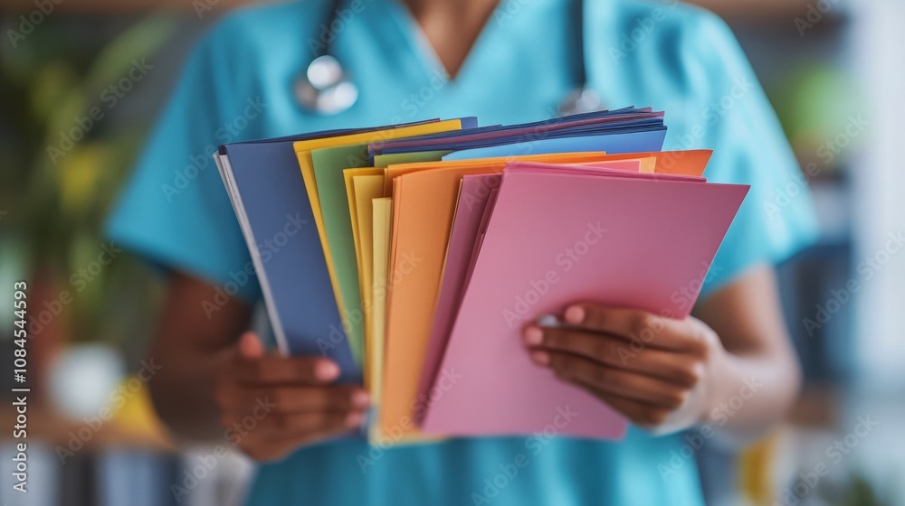 Medical professional organizing patient files in a clinical setting ...