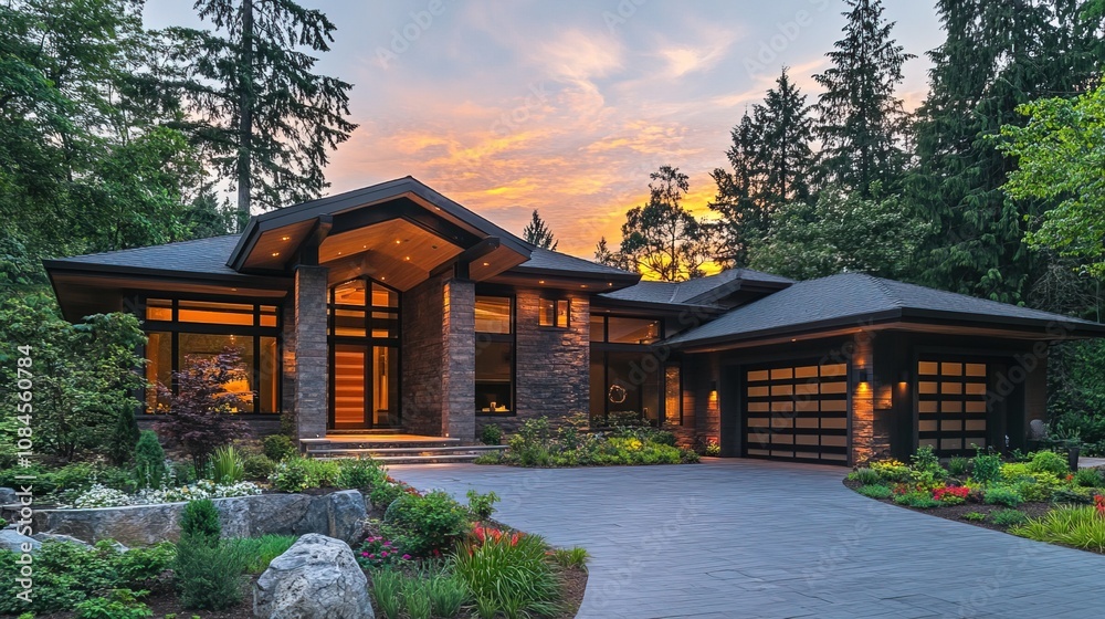 Contemporary ranch style home with twilight lighting and beautiful ...