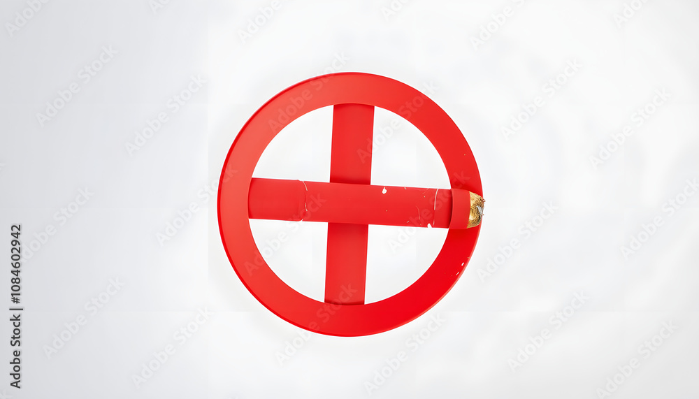 Red cross sign glued a cigarette. Prohibition of smoking cigarettes. No ...
