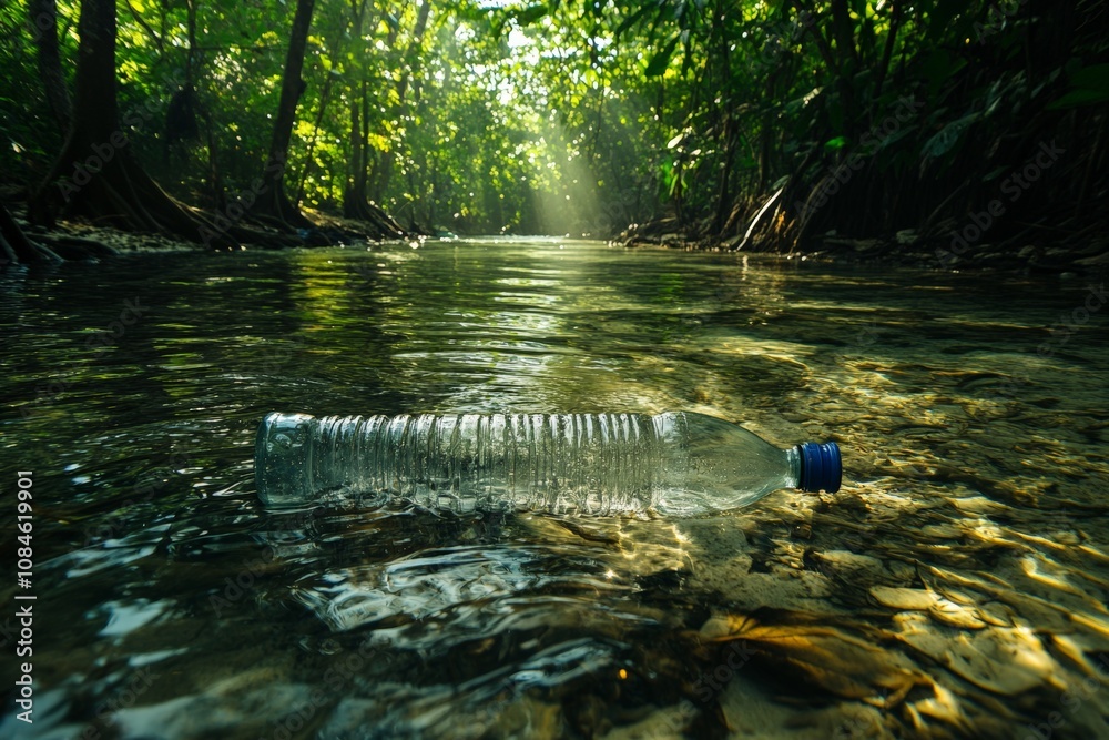 single plastic bottle from a picturesque riverbank to a distant ocean ...