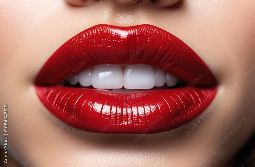 Red glossy lips close-up. Beautiful sexy parted lips of a young girl ...