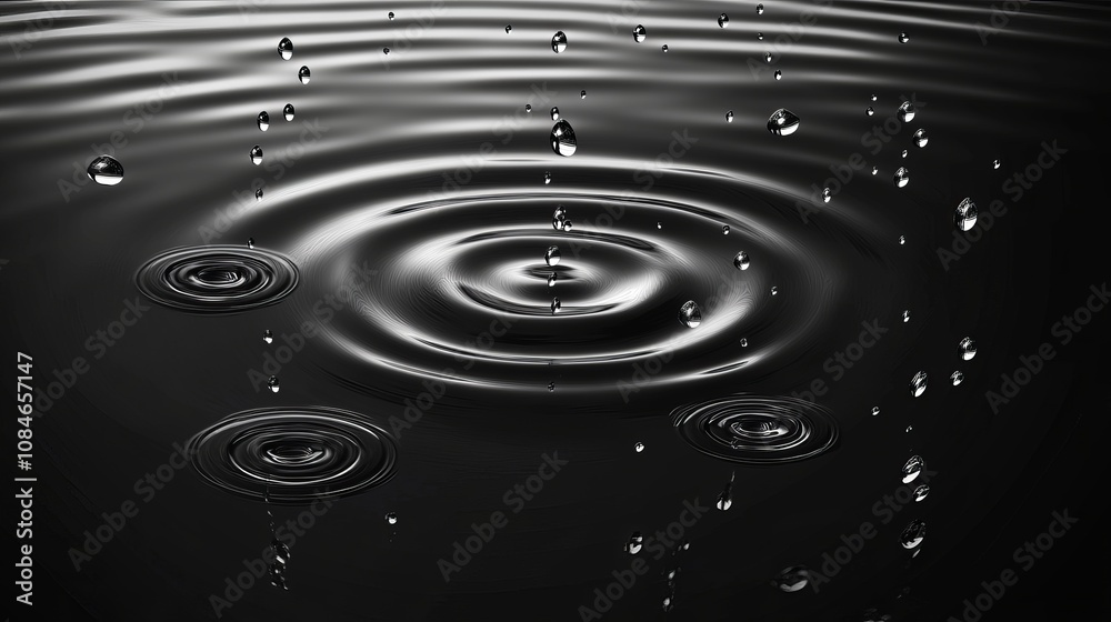 Realistic rain droplets falling on a transparent background, with small splashes and ripples ...