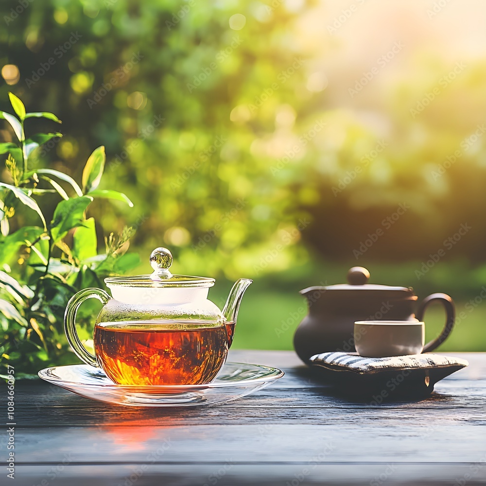 Tranquil Afternoon Tea Setup with Steaming Cup of Herbal Tea in ...