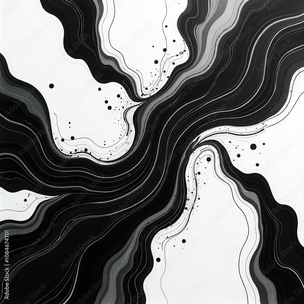 abstract modern black and white ink illustration of curvy wavy lines ...