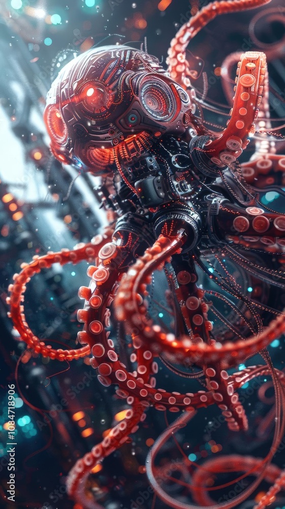 Envision a colossal, mechanical Kraken emerging from a holographic sea, its tentacles entwined ...